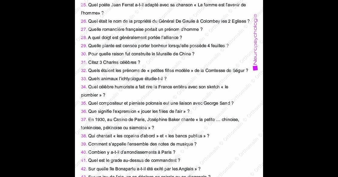 Ressource Orthophonie Quizz Culture Generale N° 6 Orthomalin